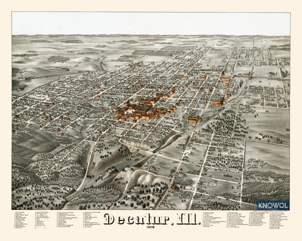 Historic map shows bird's eye view of Decatur, Illinois in 1878 Historic map shows bird's eye view of Decatur, Illinois in 1878