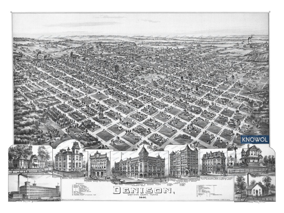 Beautifully restored map of Denison, Texas from 1891