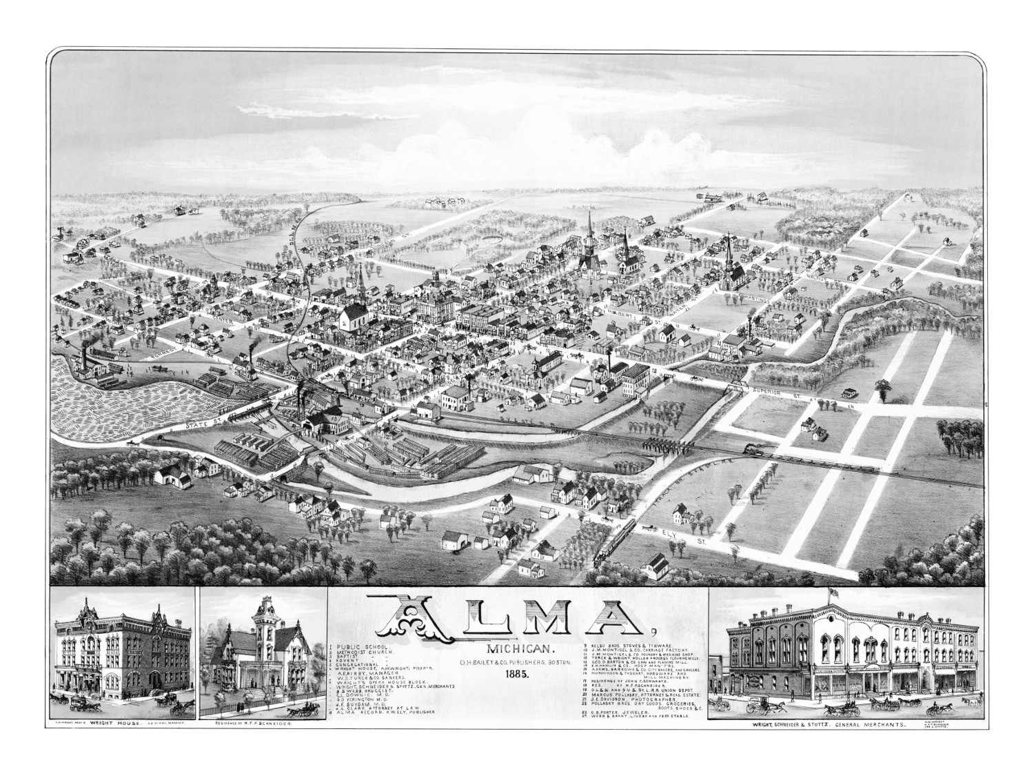 Alma, Michigan map showing the town as it looked in 1885