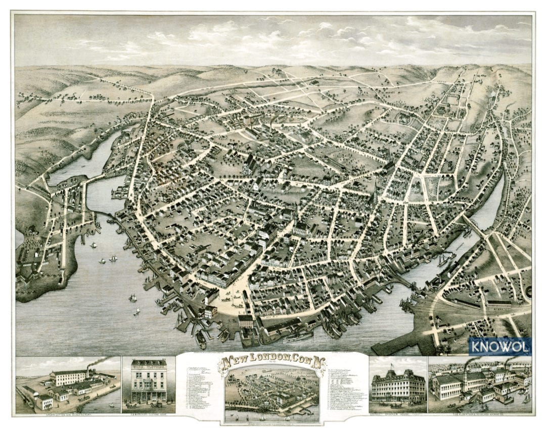 Beautifully restored map of New London, Connecticut from 1876 - KNOWOL