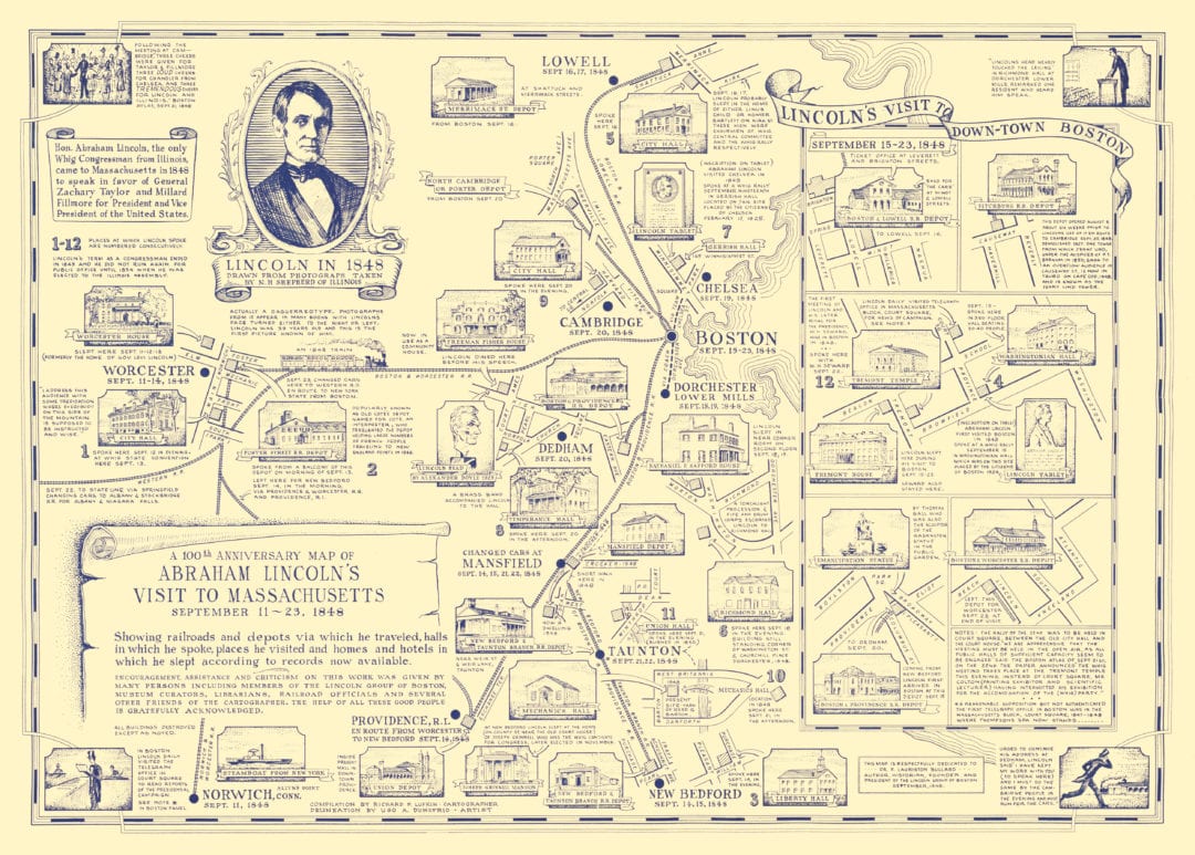 Abraham Lincoln’s travels through Massachusetts, map from 1848 - KNOWOL
