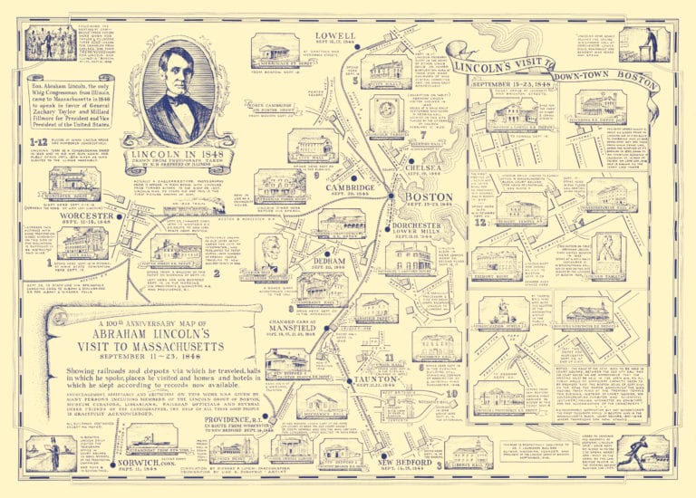 Abraham Lincoln’s travels through Massachusetts, map from 1848 - KNOWOL