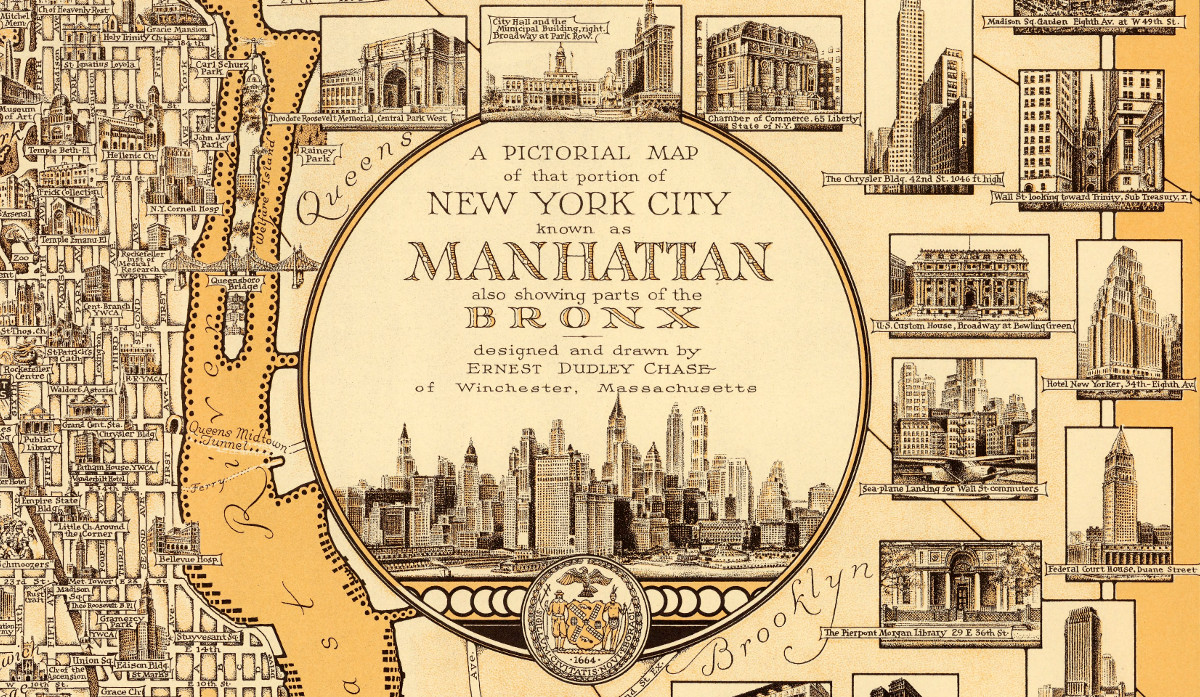 Old map of Manhattan, NYC featuring illustrations from 1939