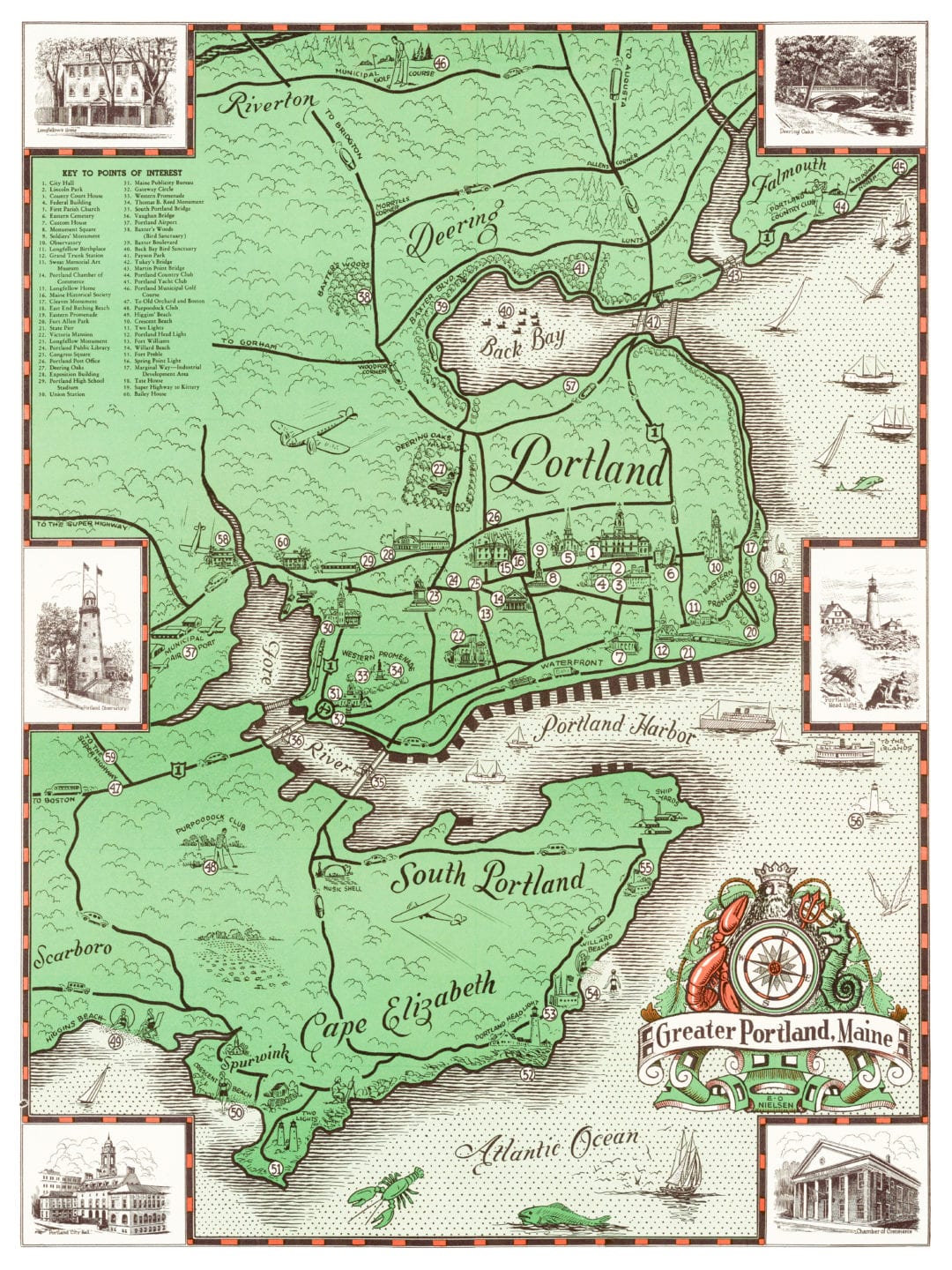 Old map of Portland, Maine from 1948 with illustrations