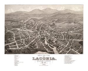 Old Laconia, New Hampshire map shows bird’s eye view of town in 1883