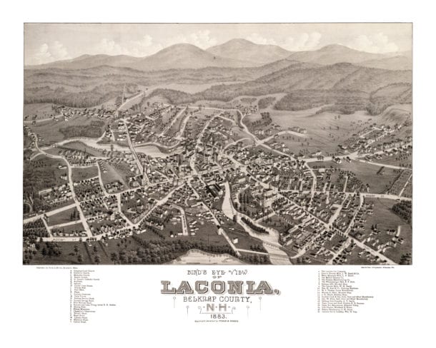 Old Laconia, New Hampshire map shows bird’s eye view of town in 1883