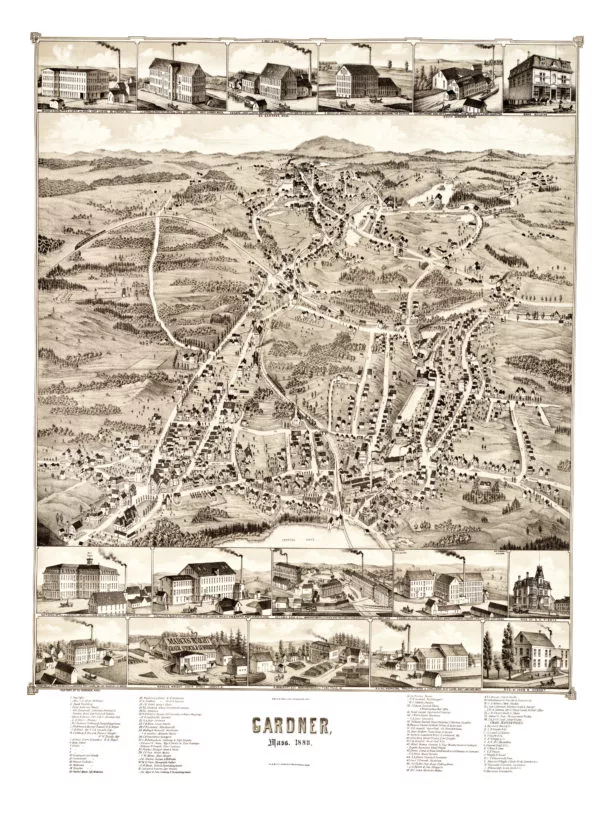 Bird’s eye view of Gardner, Massachusetts in 1880