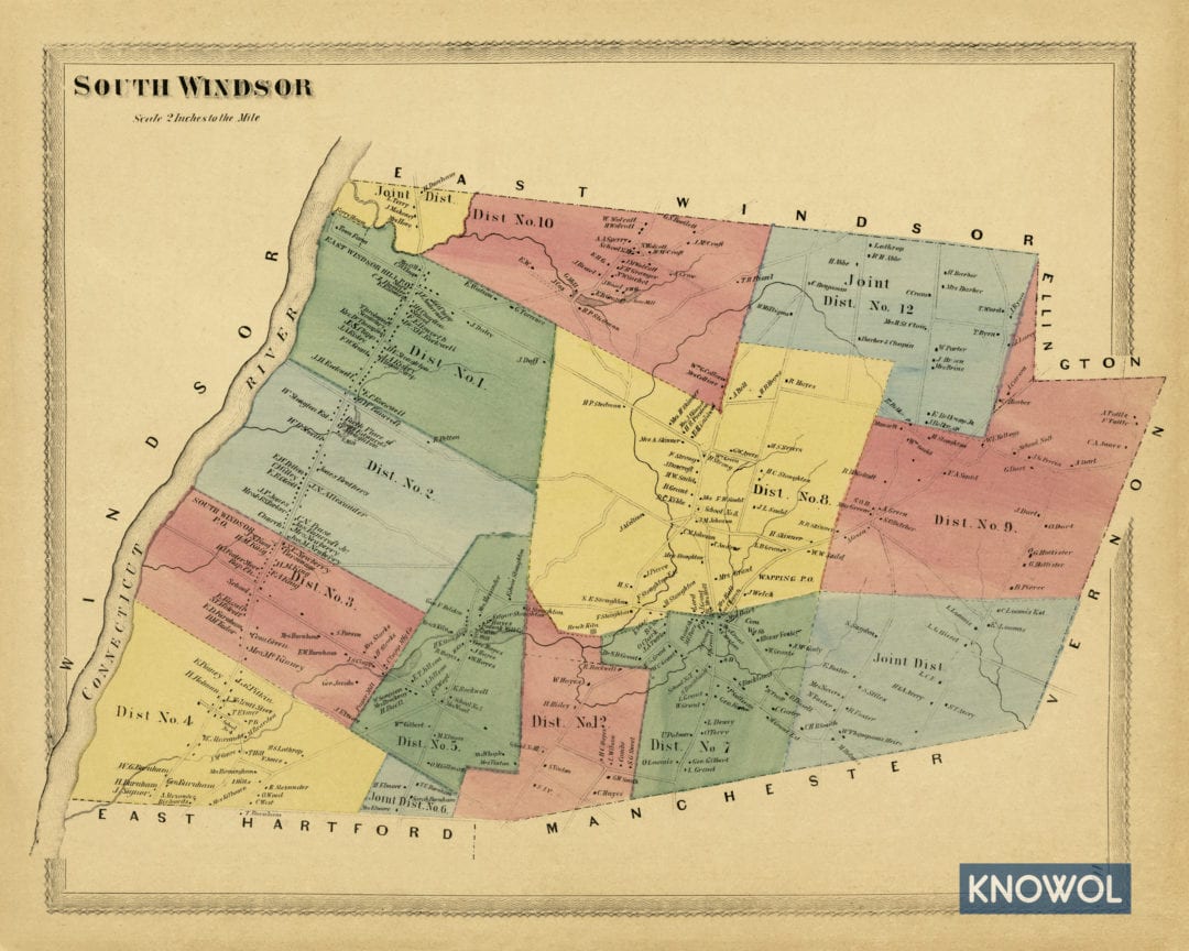Historic landowners map of South Windsor, CT from 1869 - KNOWOL