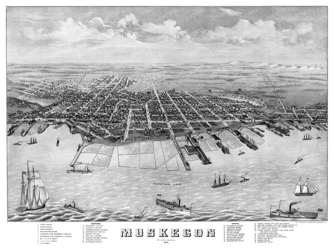 Beautifully restored map of Muskegon, MI from 1874