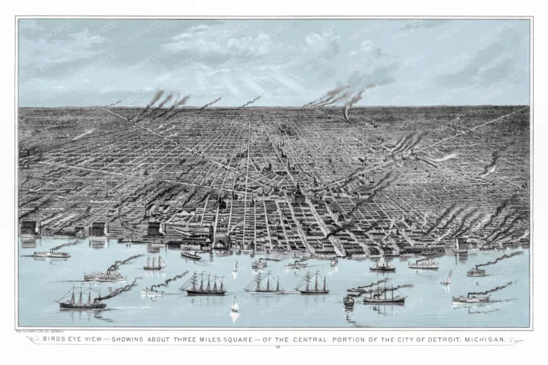Historic Bird’s Eye View Map of Detroit, Michigan from 1889