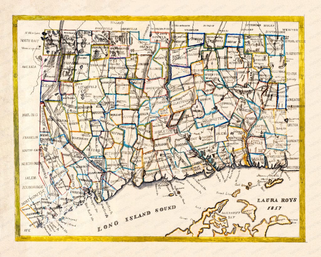 Vintage hand-colored map of Connecticut from 1857 - KNOWOL