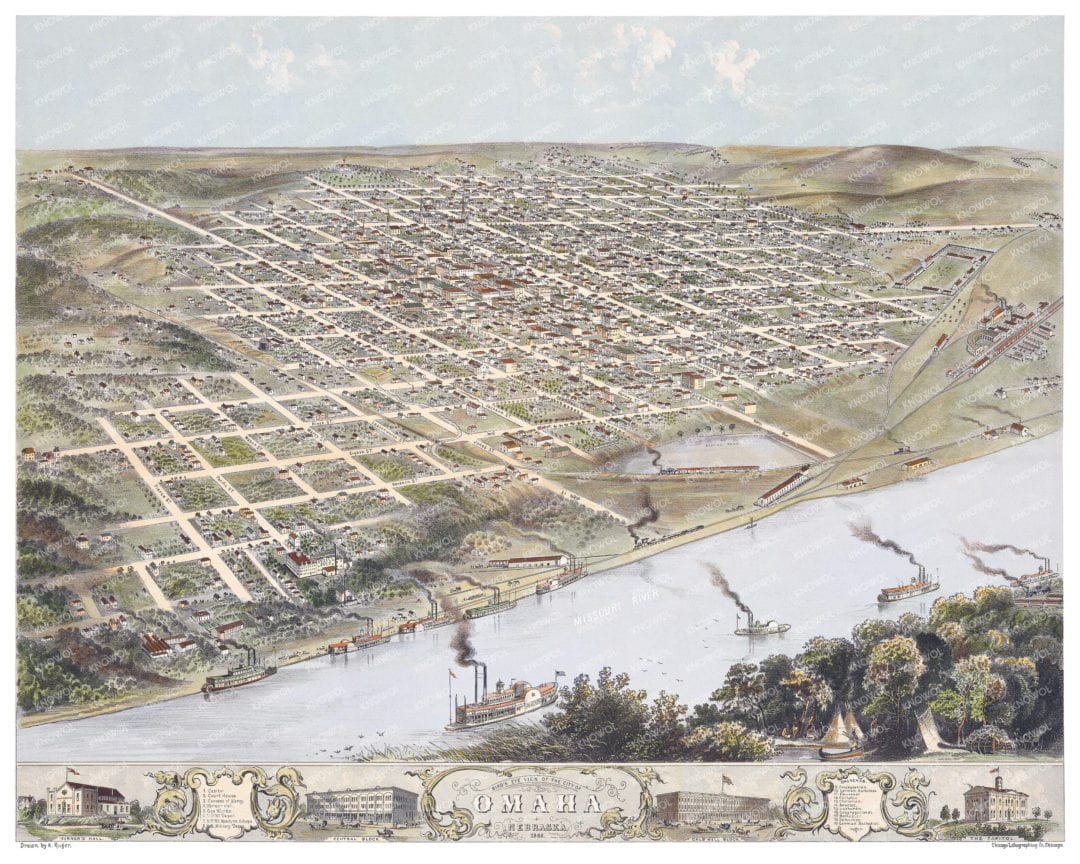 Beautifully restored map of Omaha, Nebraska from 1868