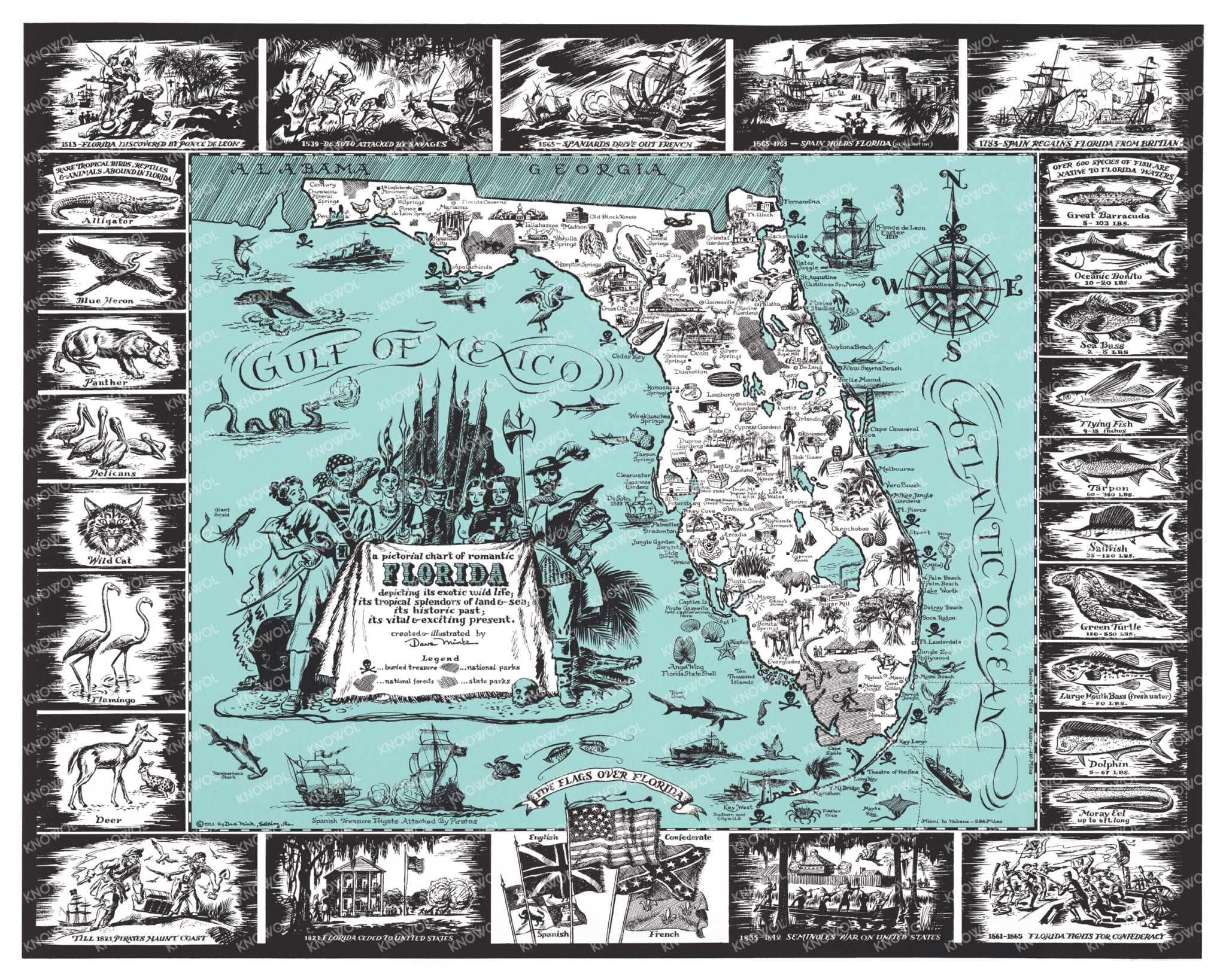 Vintage Map of Florida, a one page history dedicated to the Old Timers ...
