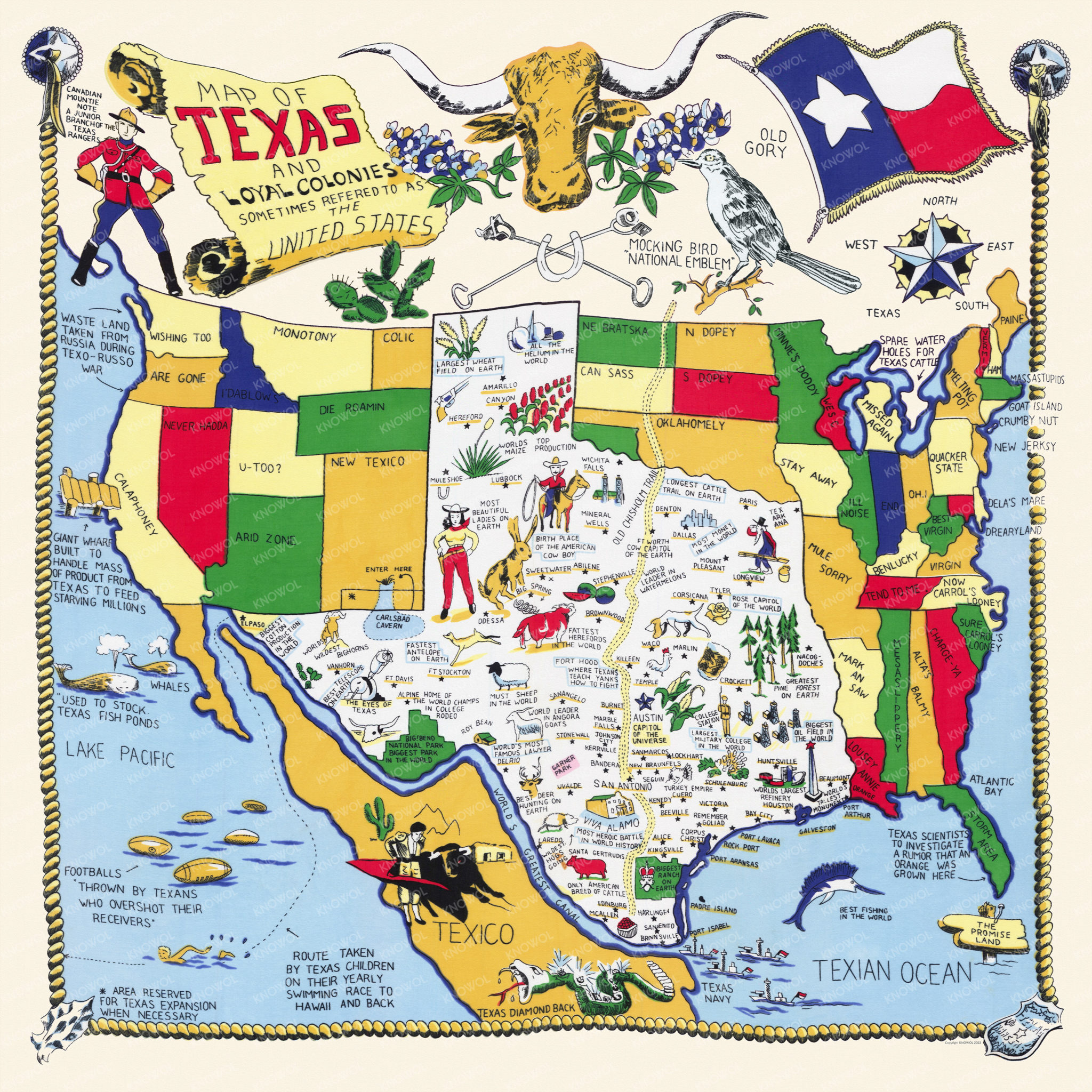 Map of Texas and Loyal Colonies, AKA the United States, 1960s - KNOWOL