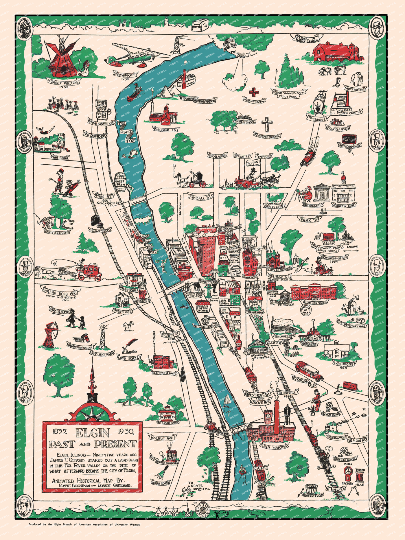 Beautifully detailed map of Elgin, Illinois from 1930